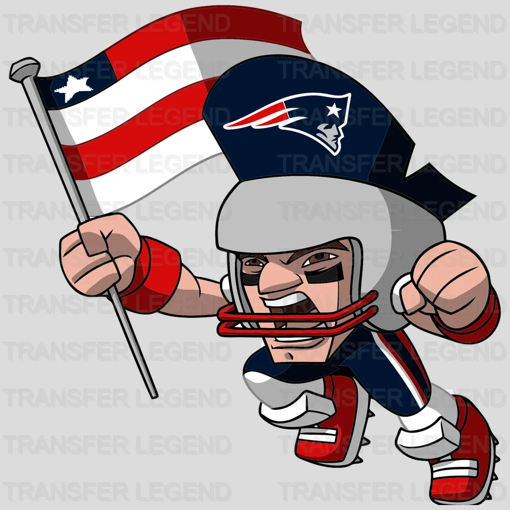 New England Patriots aggressive cartoon mascot charging forward, NFL d