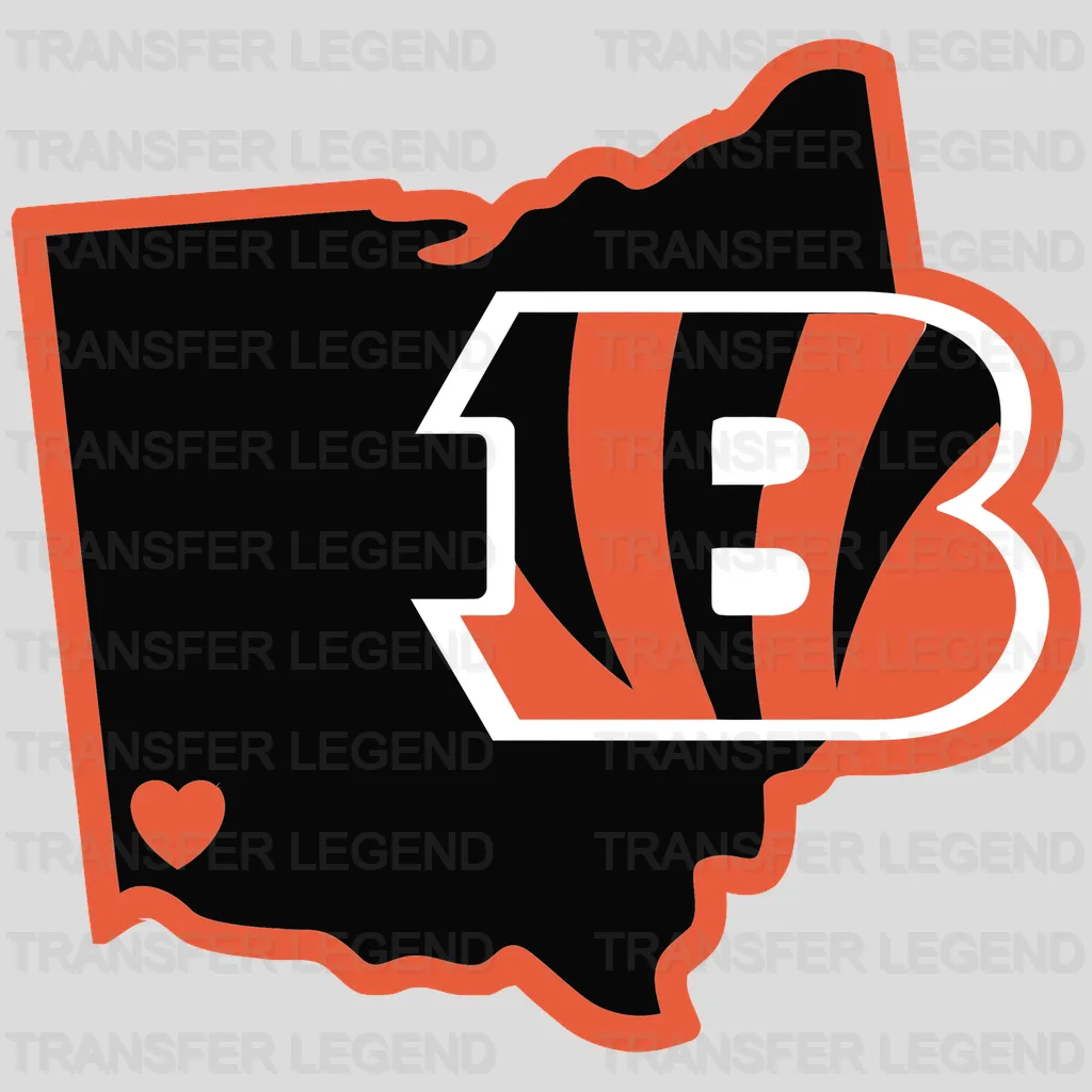Cincinnati Bengals Ohio Outline Heart Logo NFL Design - DTF Heat Trans