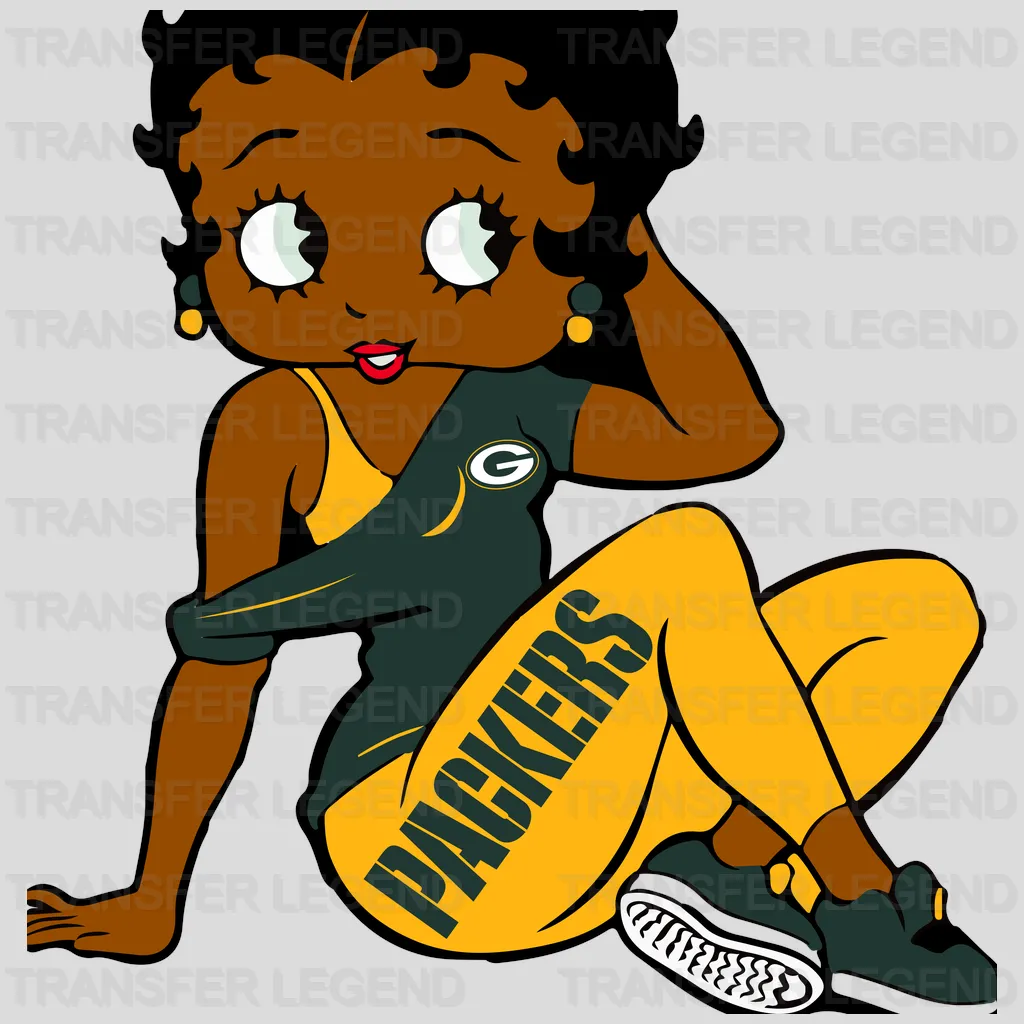 Green Bay Packers female fan character seated in team colors, NFL desi