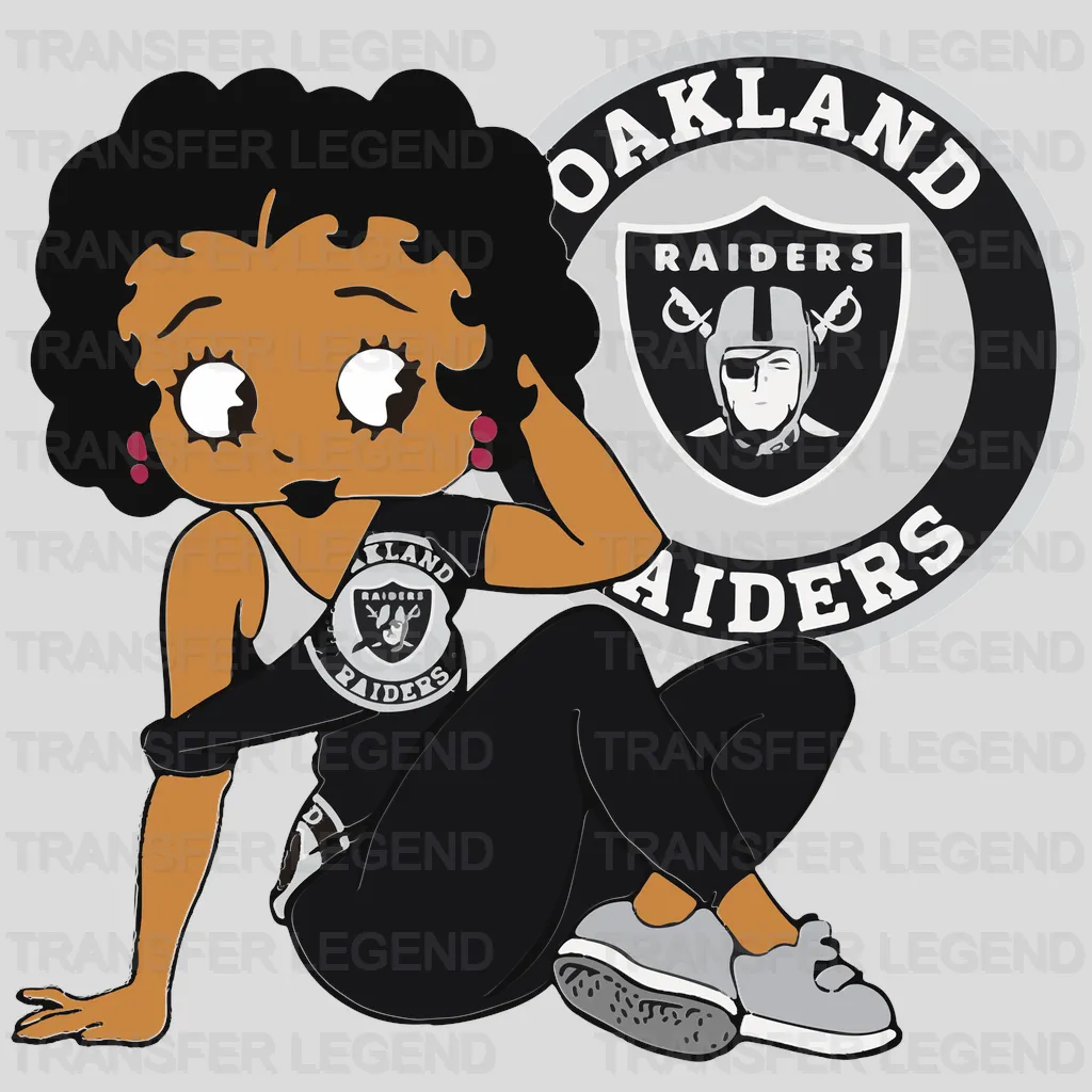 Las Vegas Raiders cartoon duo cheering next to shield logo, NFL design
