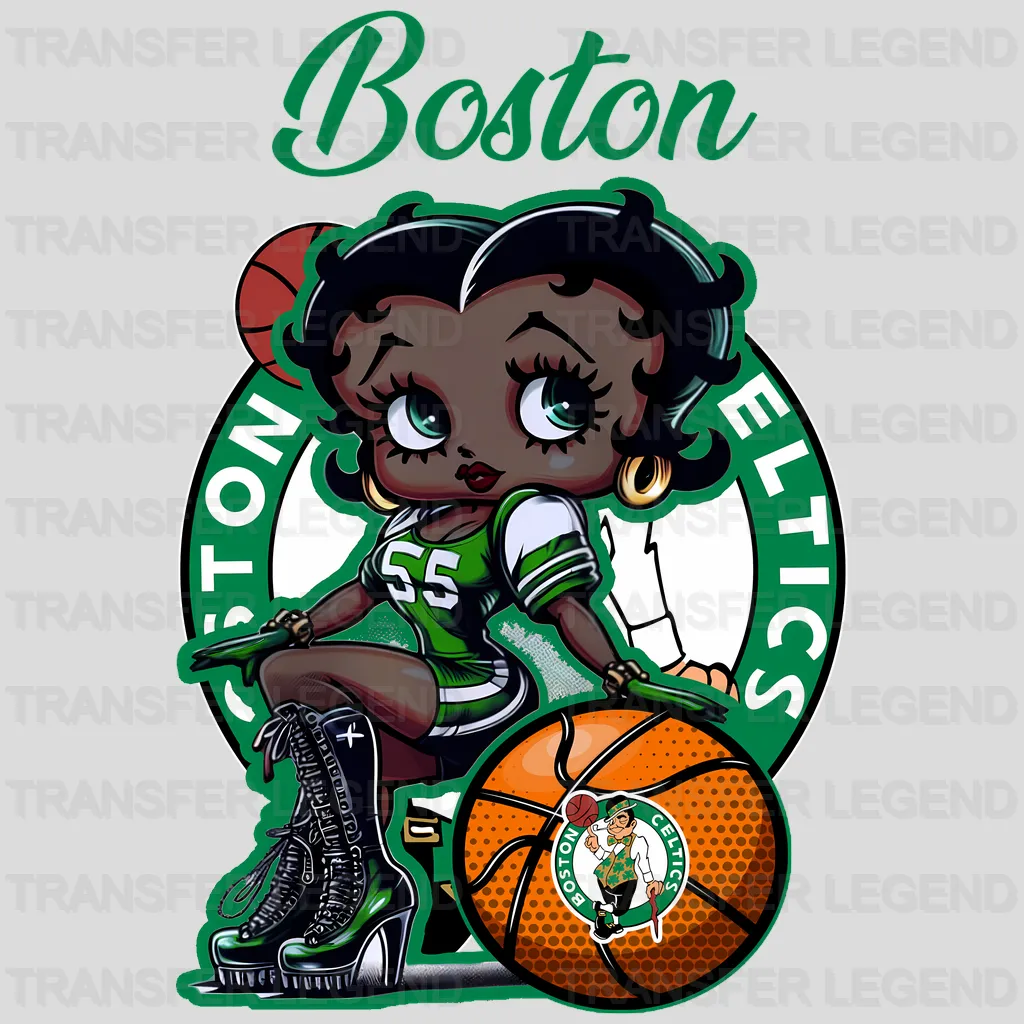 Boston Celtics NBA Cute Cartoon Girl Sitting On V2 - DTF Iron On Trans