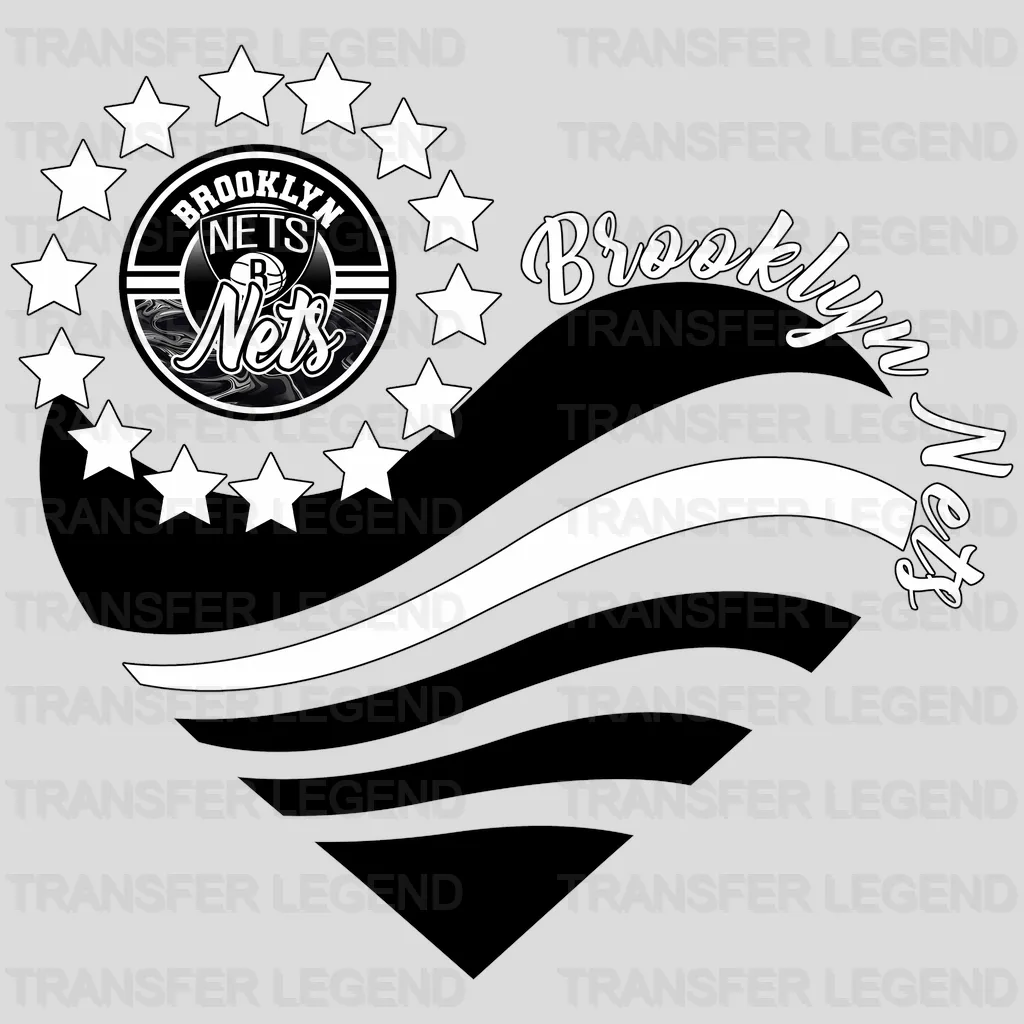 Brooklyn Nets NBA Heart Shape Retro Wavy Lines Graphic - DTF Iron On T