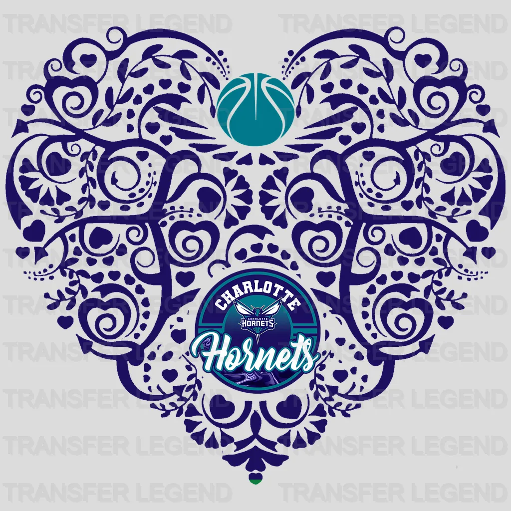 Charlotte Hornets NBA Floral Pattern Heart Shape - DTF Iron On Transfe