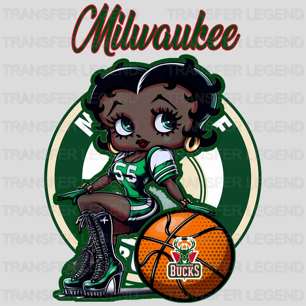 Milwaukee Bucks NBA Cute Cartoon Girl Sitting On V2 - DTF Iron On Tran