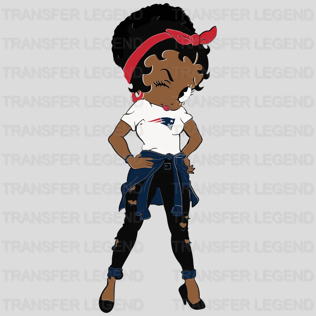 New England Patriots female fan character leaning on logo circle, NFL