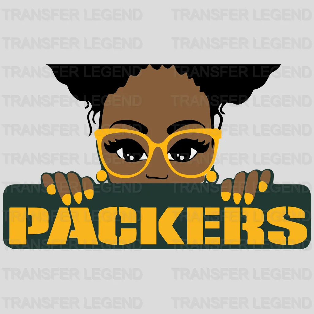 Green Bay Packers female fan cartoon with glasses and stylized PACKERS