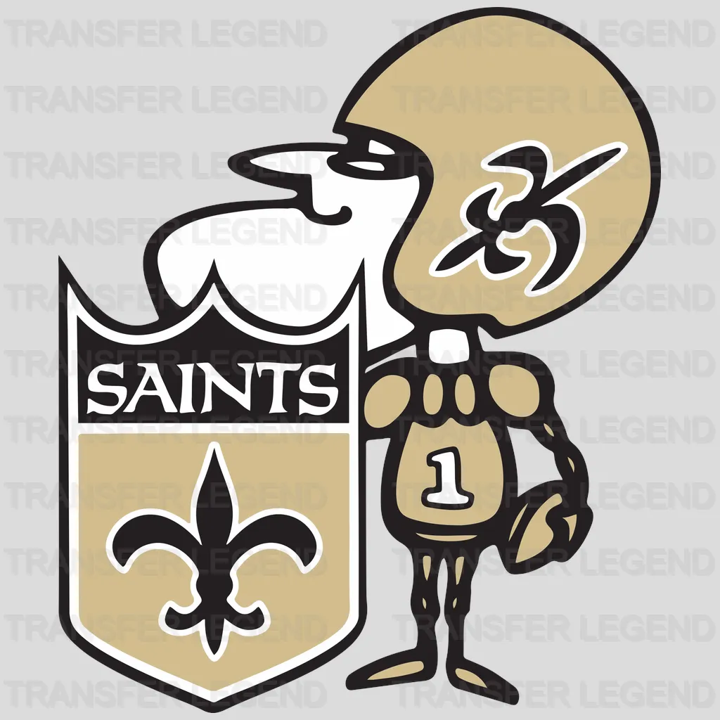 New Orleans Saints cartoon Saint mascot with helmet and fleur‑de‑lis,