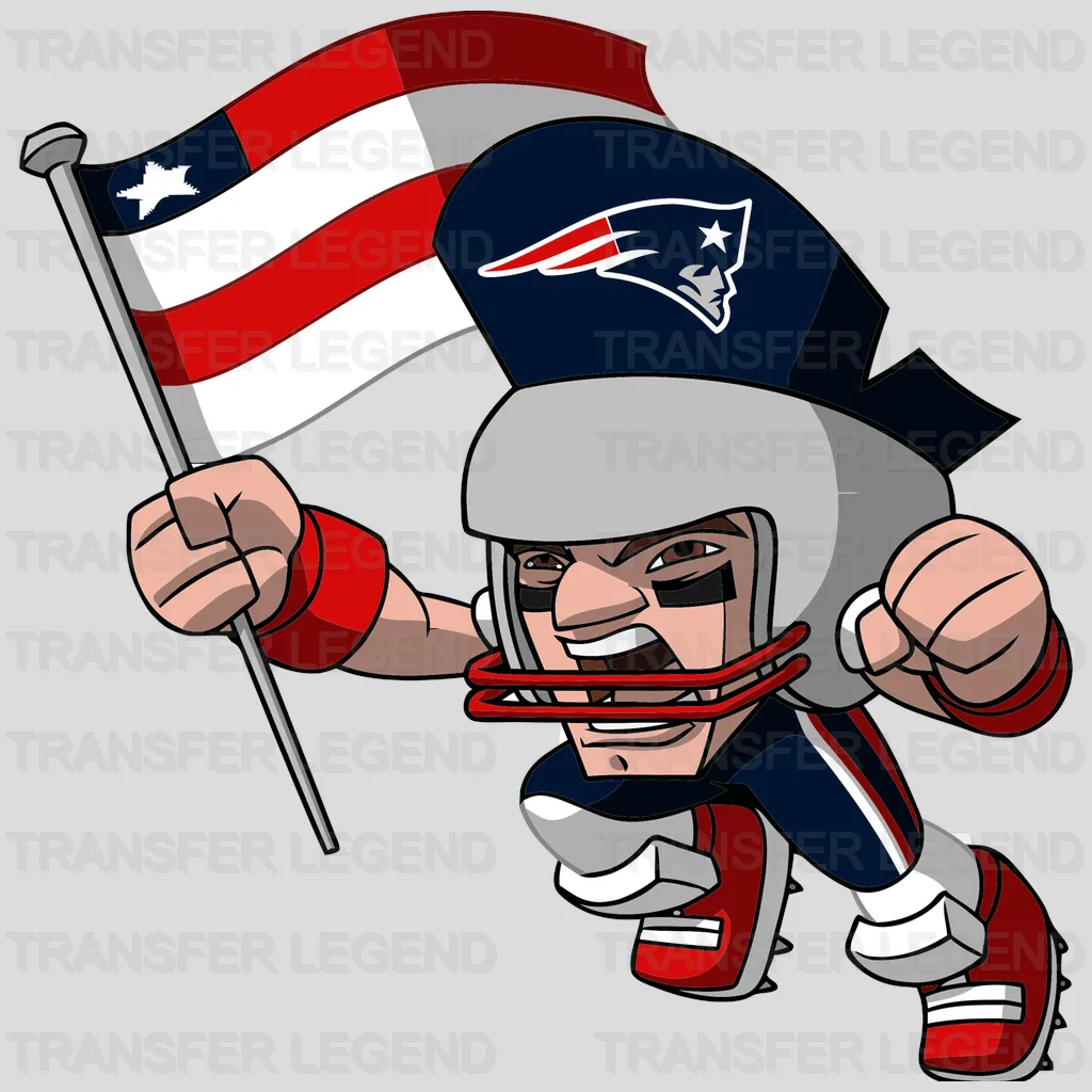 New England Patriots determined cartoon mascot holding flag, NFL desig