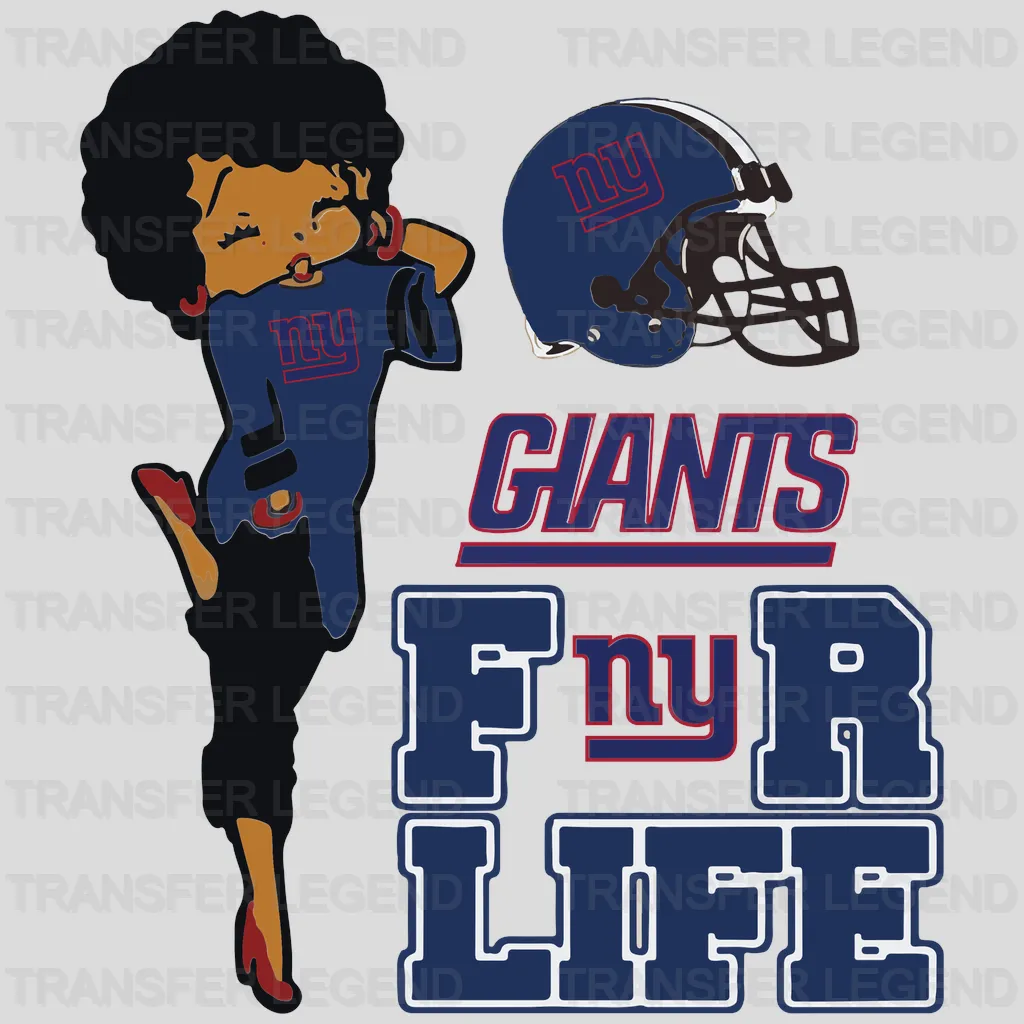 New York Giants female fan pointing to “For Life” slogan, NFL design